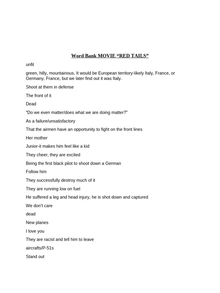 Madeline Cabrera Alcantara - Word Bank Movies Red Tails Test | PDF