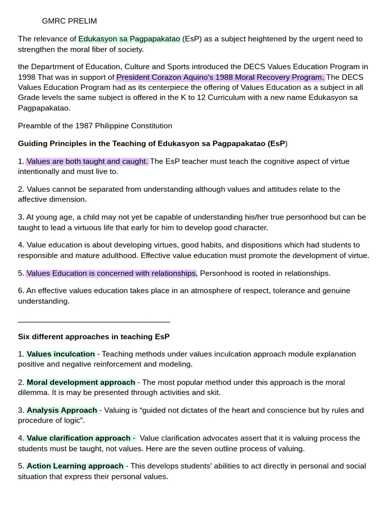 Teaching Values Education in EsP Curriculum | PDF | Learning | Inquiry ...