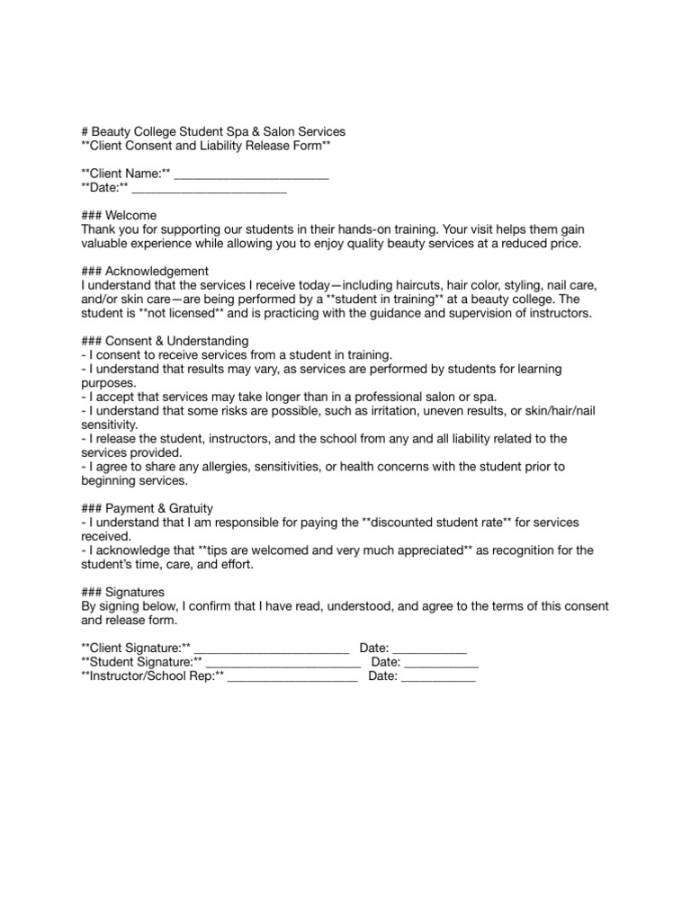 Beauty Student Services Consent Form For Clients | PDF