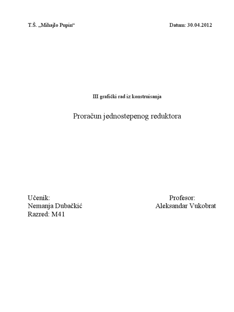 Jednostepeni Reduktor - Nemanja Dubackic | PDF