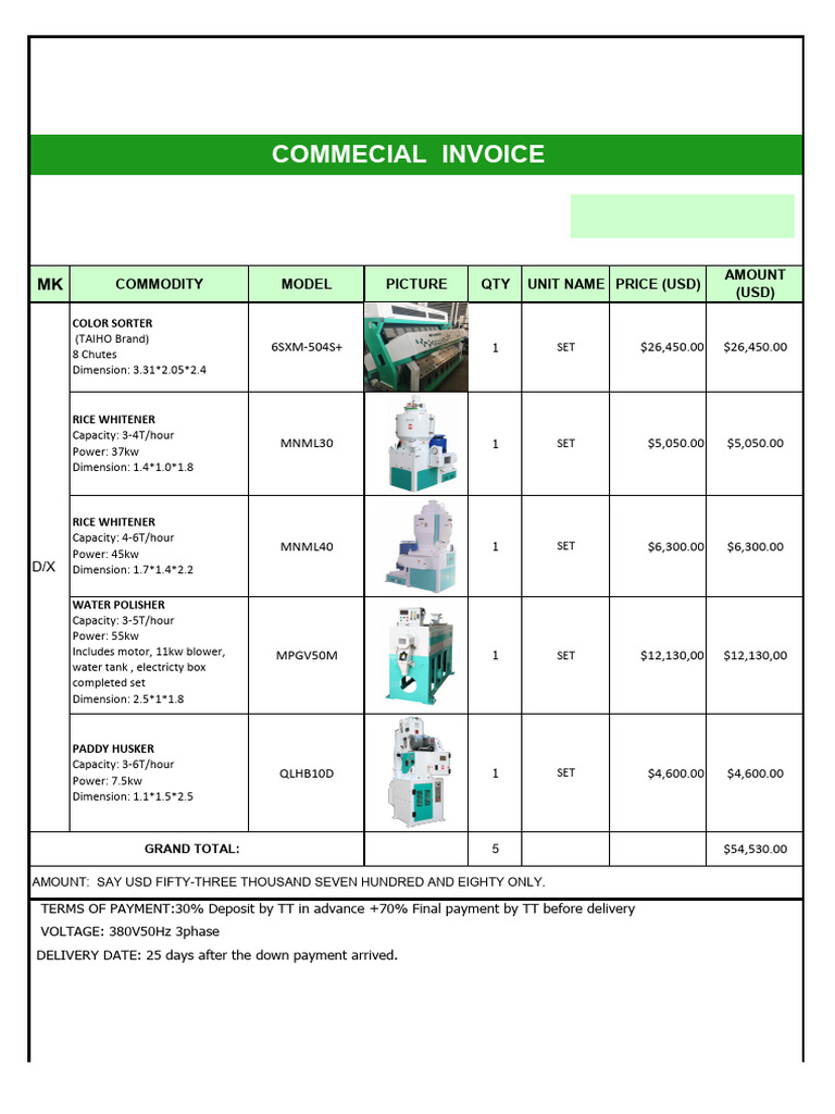 Commercial Invoice for Rice Processing Equipment | PDF