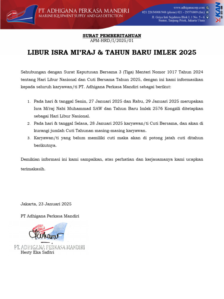 Libur Isra Mi'raj & Imlek 2025 PT APM | PDF