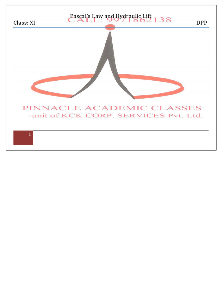 Pascal's Law and Hydraulic Lift DPP | PDF | Piston | Mechanical Engineering