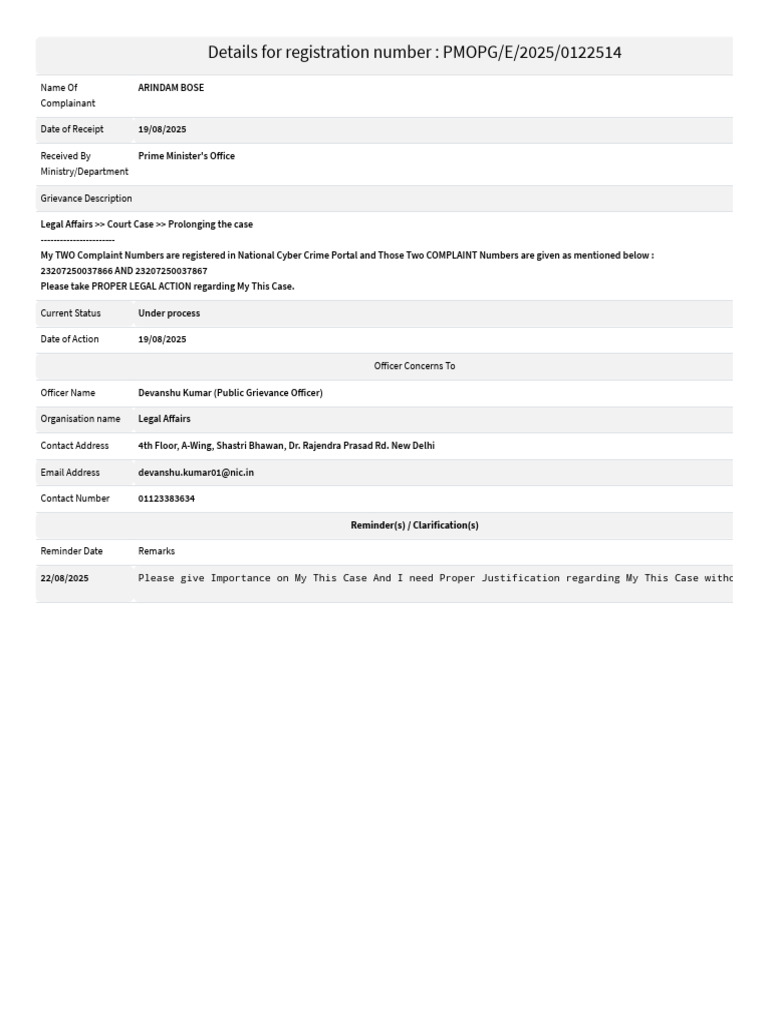 Grievance Registration PMOPG/E/2025/0122514 | PDF