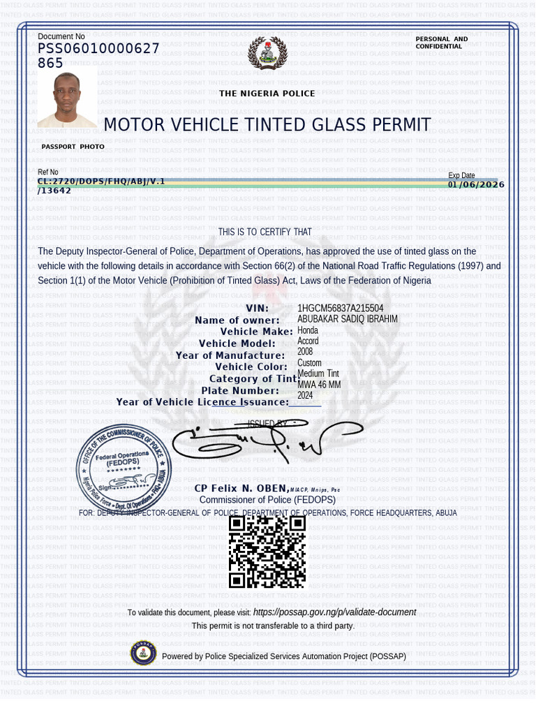 Motor Vehicle Tinted Glass Permit | PDF