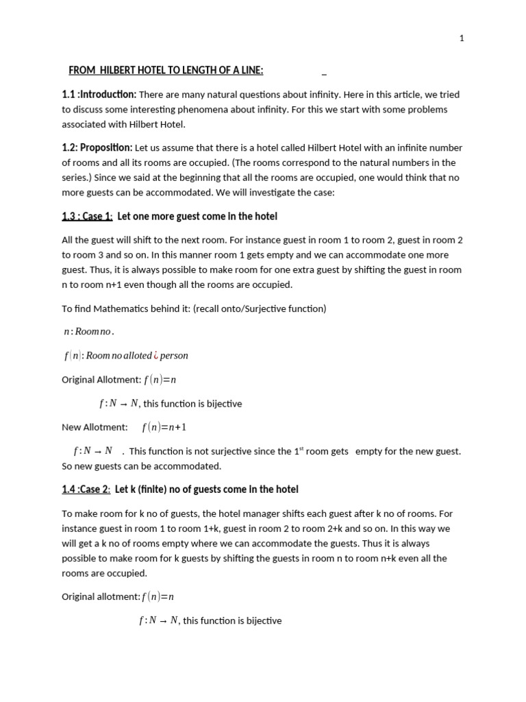 Exploring Infinity: Hilbert Hotel Cases | PDF | Number Theory | Arithmetic