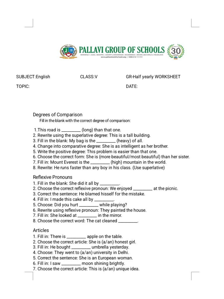 Half Yearly Revision Worksheet | PDF | Adverb | Subject (Grammar)
