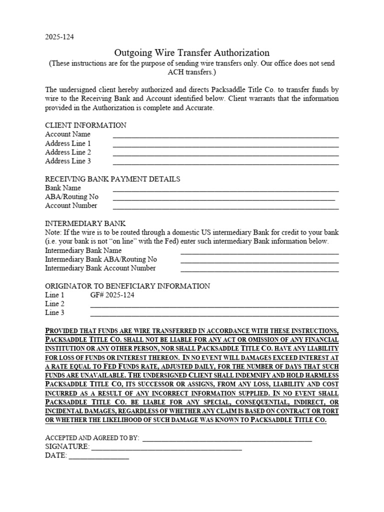 Wire Transfer Authorization Form 2025-124 | PDF | Wire Transfer | Indemnity
