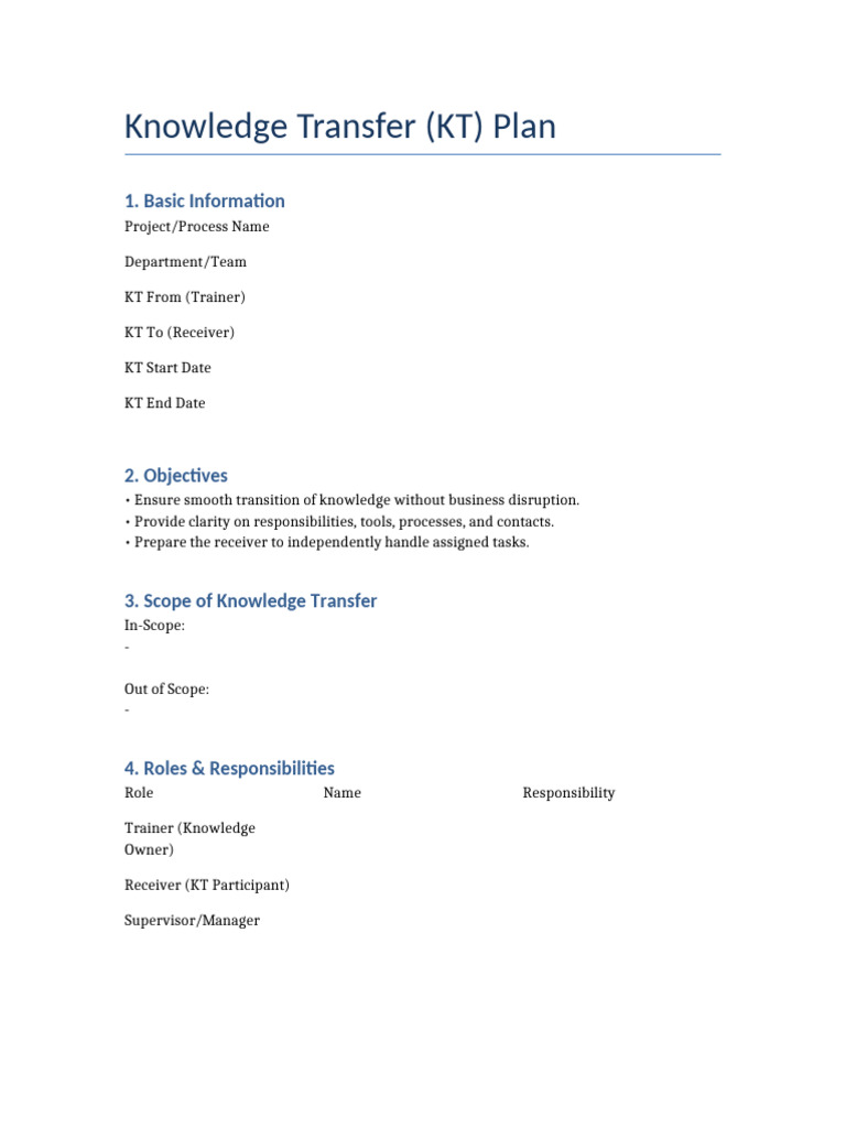 Knowledge Transfer Plan Template | PDF