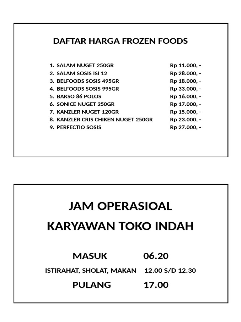 Daftar Harga Frozen Foods Terbaru | PDF