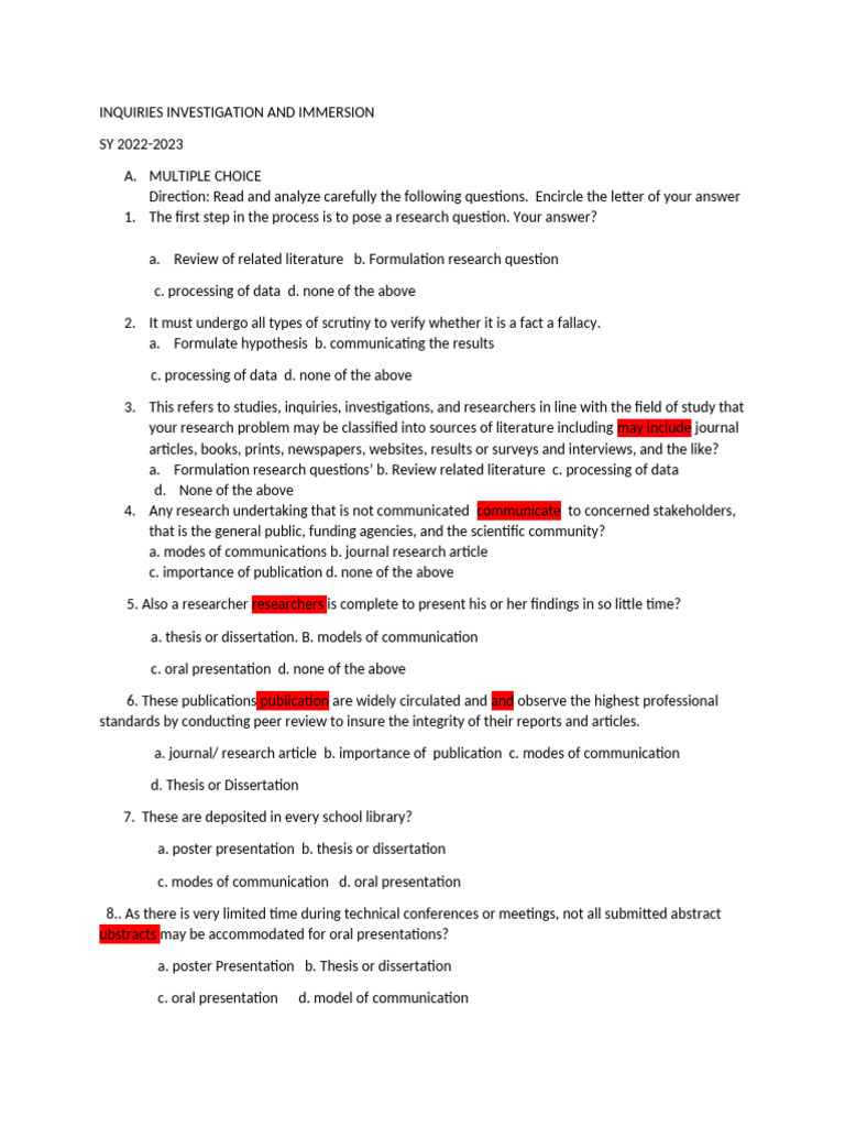 Research Inquiry and Investigation Quiz | PDF | Abstract (Summary ...