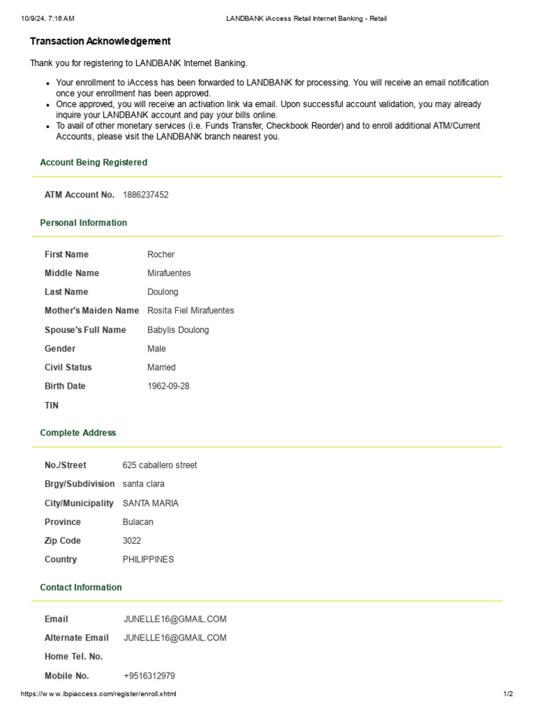 LANDBANK iAccess Registration Acknowledgment | PDF