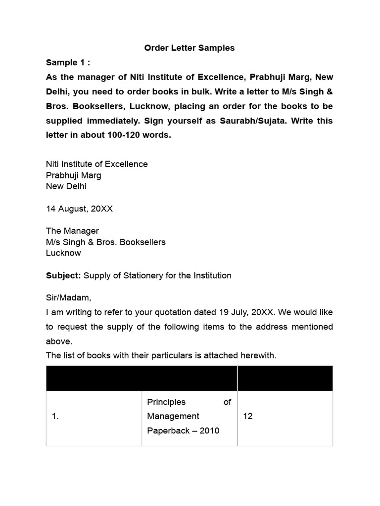 Sample Order Letters for Stationery Supplies | PDF