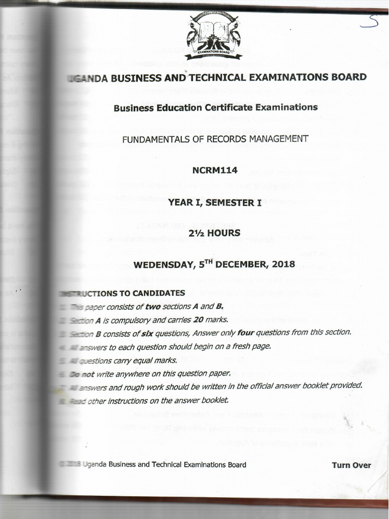UBTEB PAST PAPER NCRM144 Fundamentals of Records Management DEC 2018 | PDF
