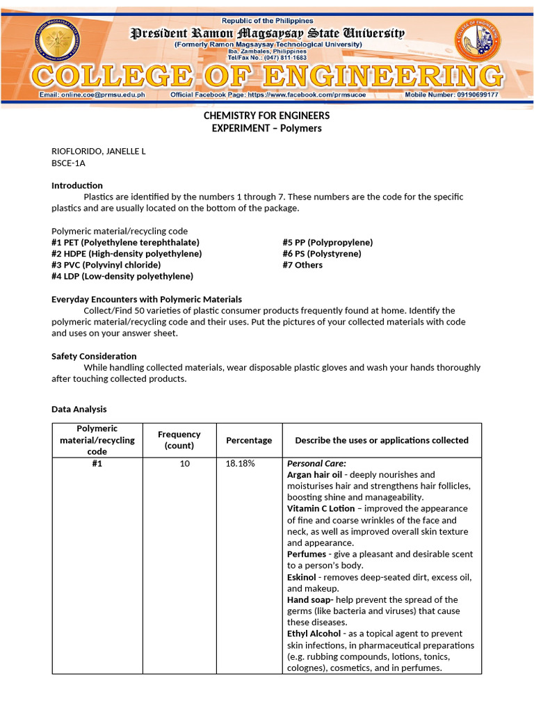 EXPERIMENT-POLYMERS..nO | PDF | Plastic | Polymers