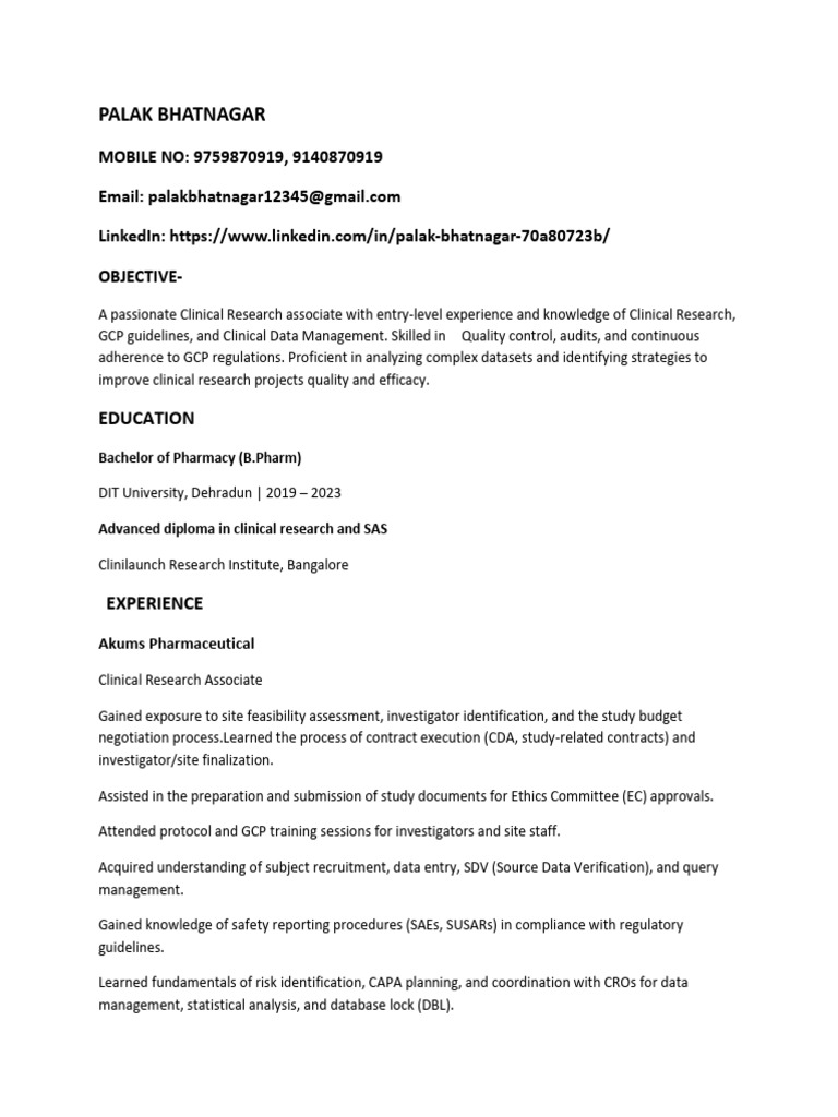 Entry-Level Clinical Research Associate Resume | PDF