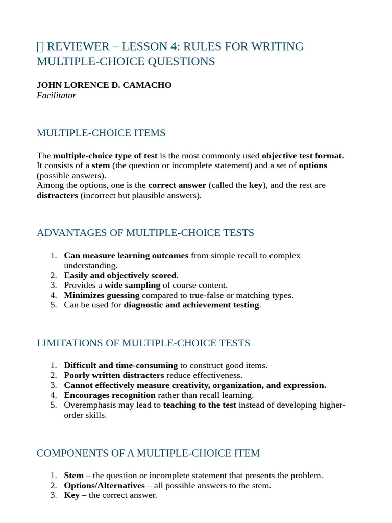 Lesson Four Reviewer Rules For Writing Multiple Choice Questions | PDF ...