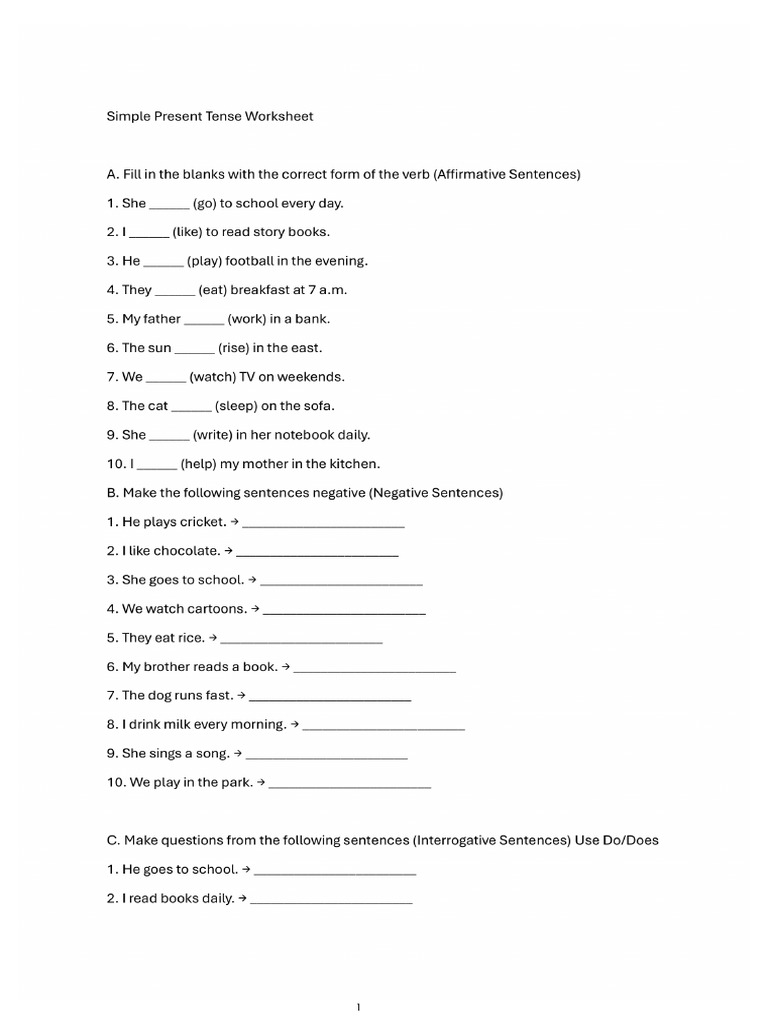 Worksheet of Simple Present Tense (1) | PDF
