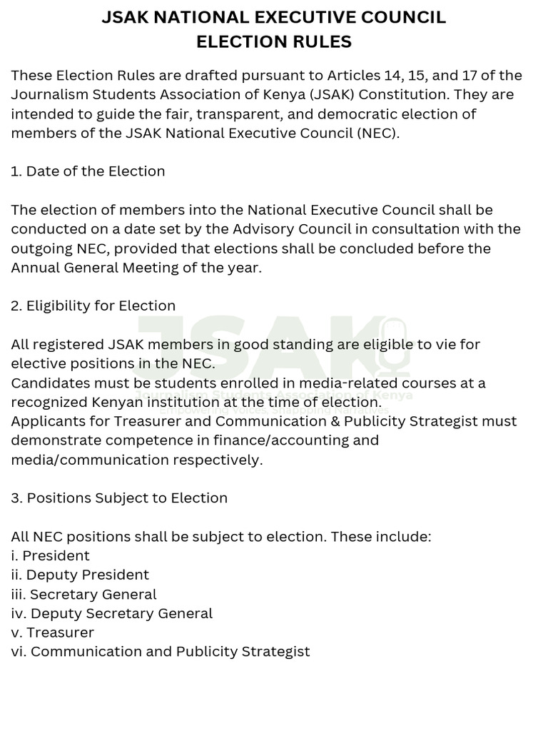 JSAK National Executive Council Election Rules | PDF | Elections | Voting