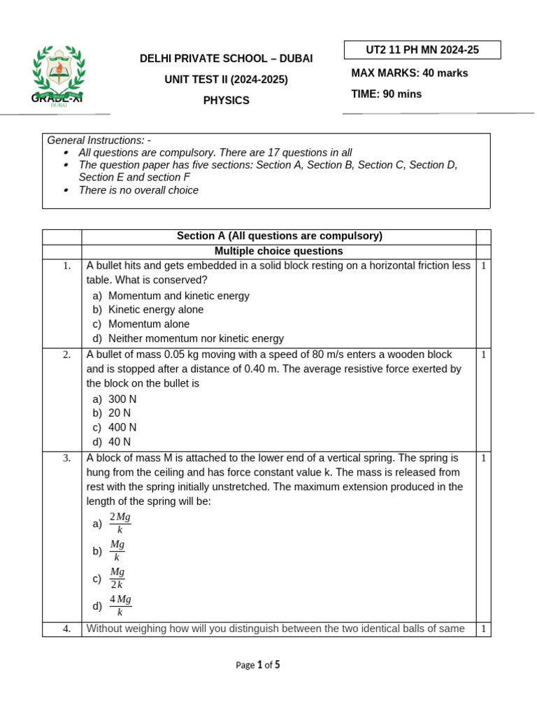 Grade XI Physics Unit Test Paper | PDF | Angular Momentum | Torque
