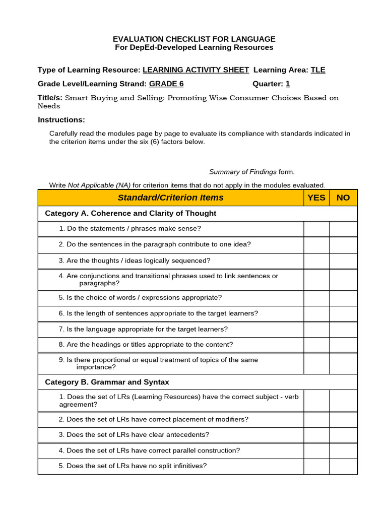 Language Resource Evaluation Checklist | PDF | Word | Grammar