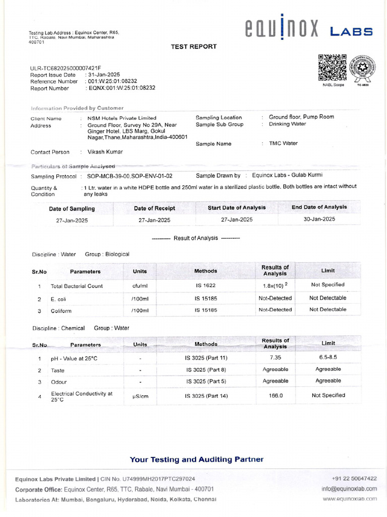 Equinox Labs - TMC Water Test Report - 31.01.2025 | PDF