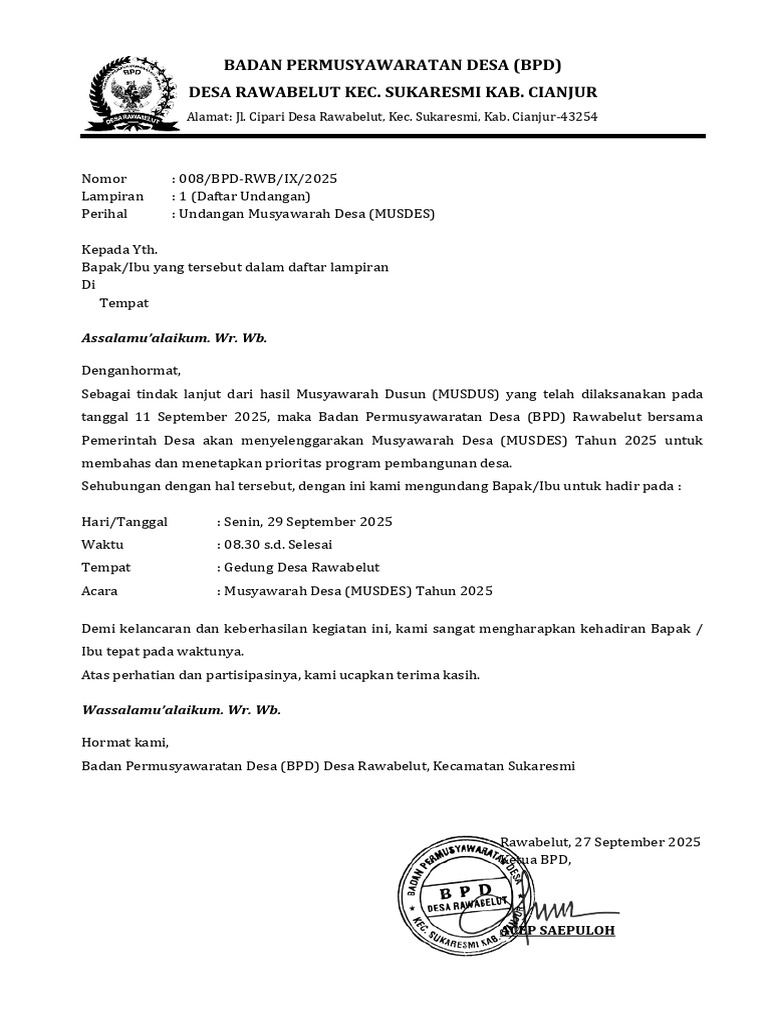 Undangan MUSDES 2025 Desa Rawabelut | PDF