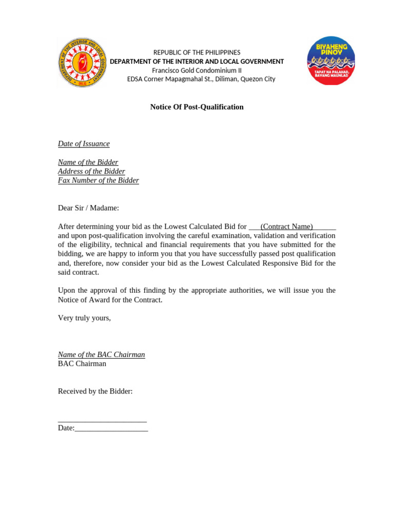Post-Qualification Notice Template | PDF
