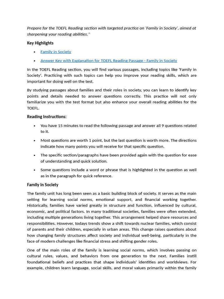 TOEFL Reading Section With Targeted Practice On Family in Society | PDF ...