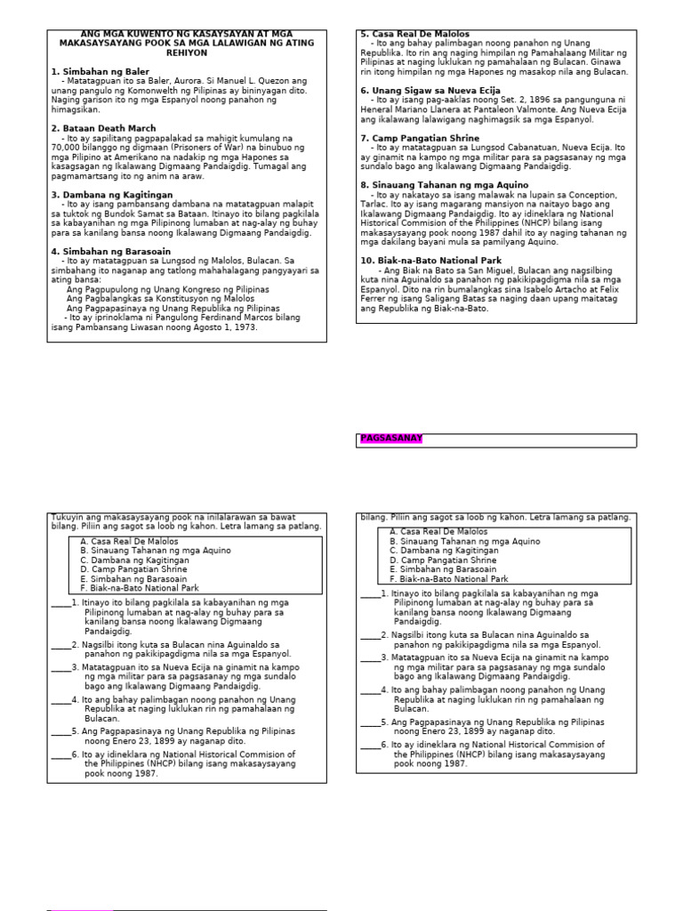 Q1 - Makabansa - Makasaysayang Pook Sa Ating Mga Lalawigan | PDF