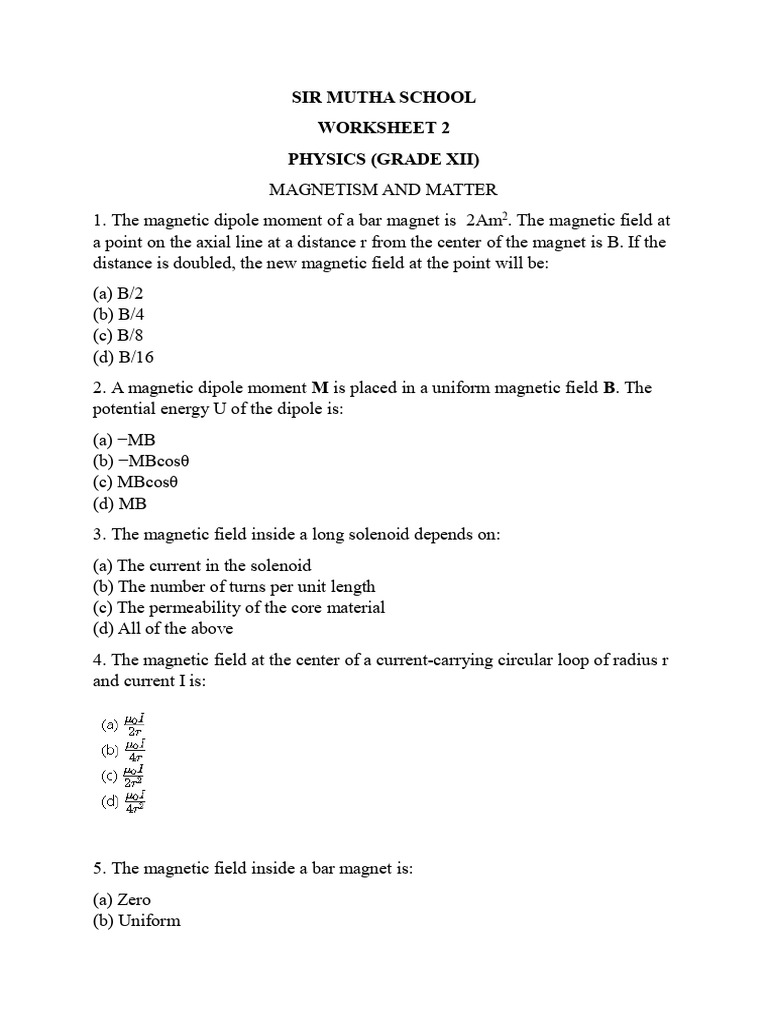 Ws2 Magnetism and Matter | PDF | Magnetic Field | Dipole