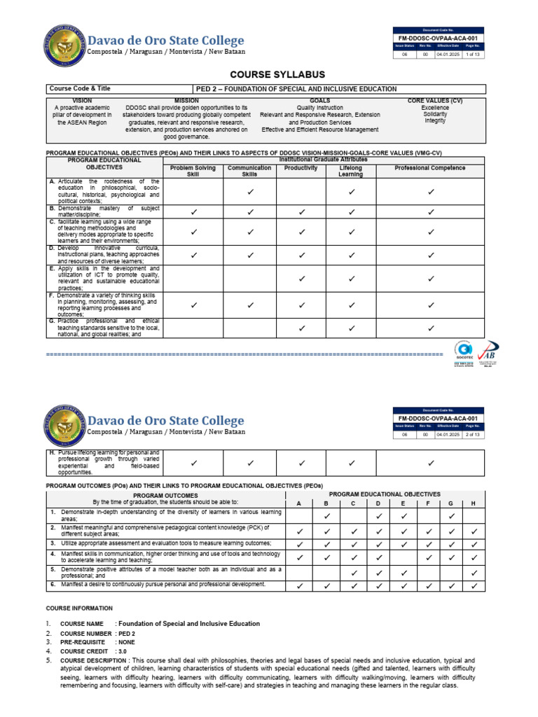 PED 2: Special and Inclusive Education Syllabus | PDF | Educational ...