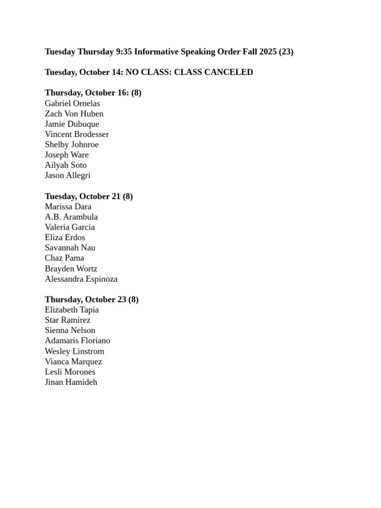 Tuesday Thursday Informative Speaking Order Fall 2025 | PDF