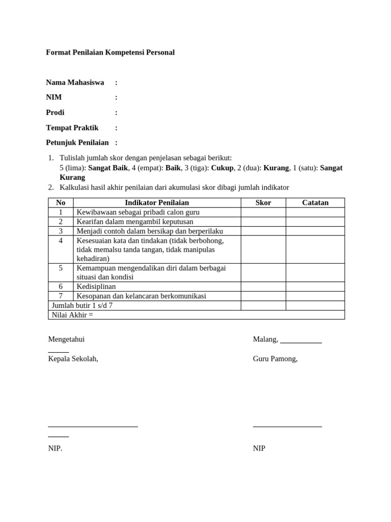 Format Penilaian Kompetensi Personal | PDF