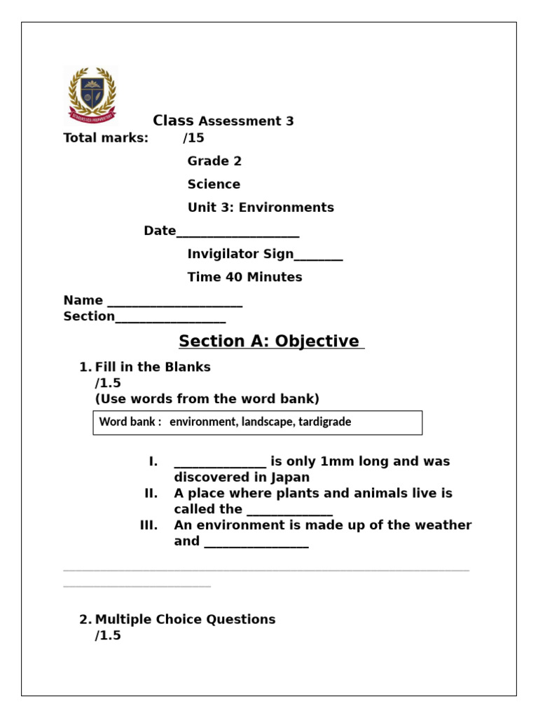 Grade 2 Science Assessment: Environments | PDF | Habitat | Natural ...