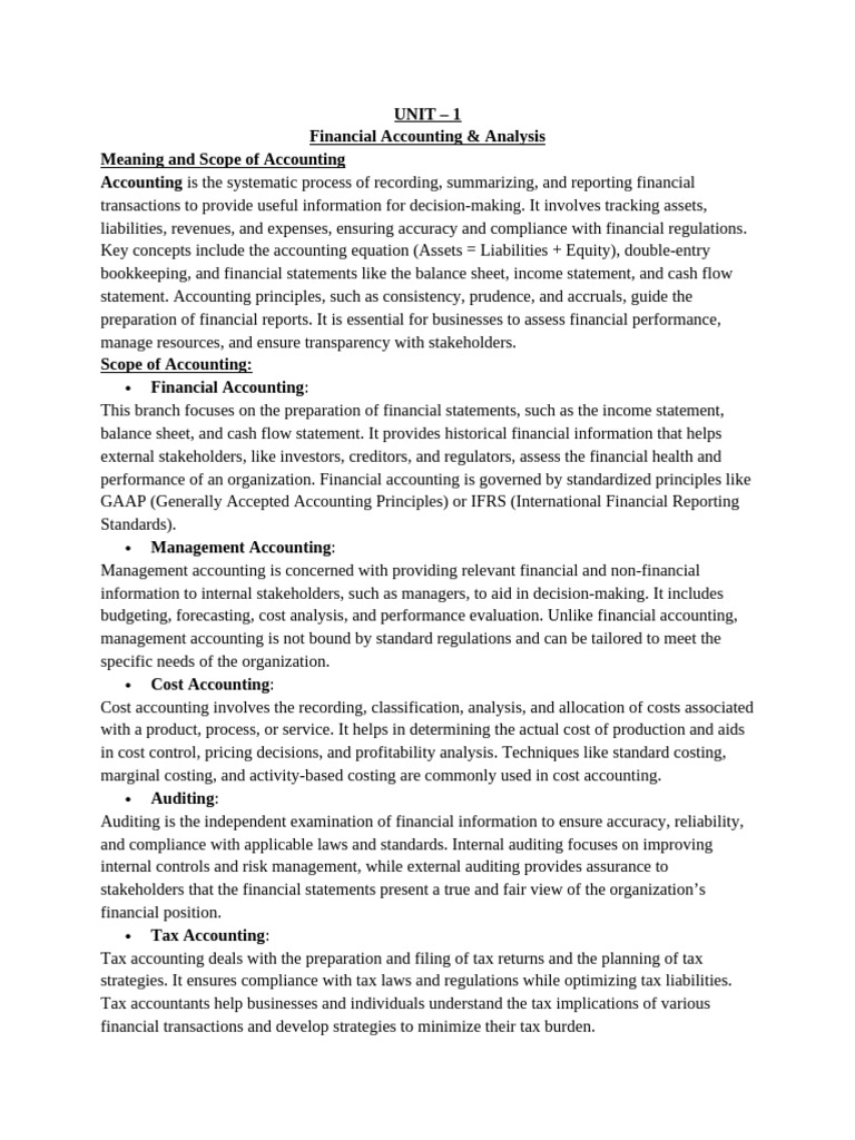 Notes Unit 1 Financial Accounting & Analysis | PDF | Debits And Credits ...
