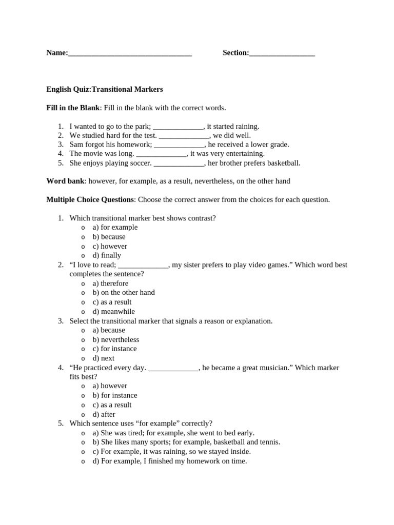 Transitional Markers Quiz Worksheet | PDF