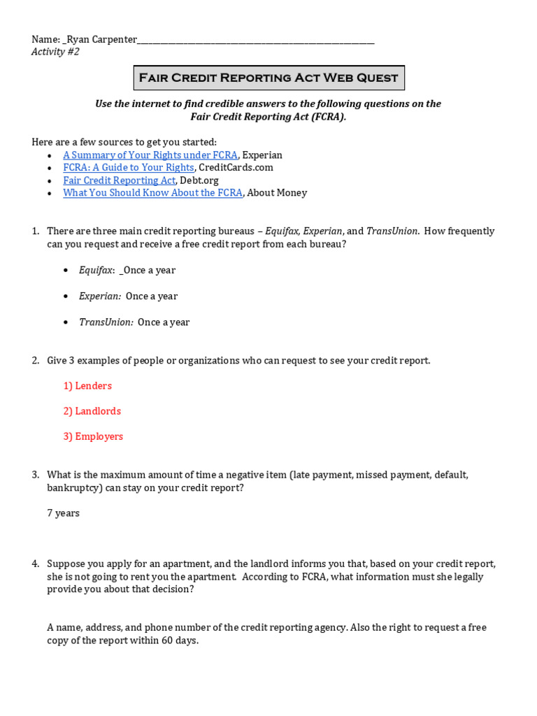 Activity #2 Fair Credit Reporting Act Web Quest | PDF | Credit History ...