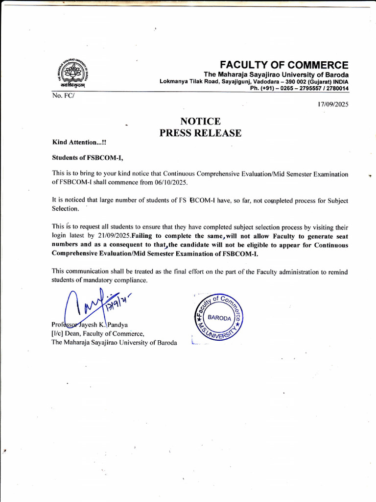 Fybcom Student Notice | PDF