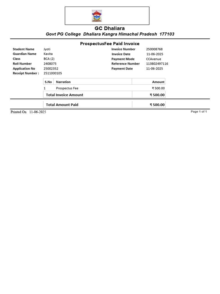 BCA Prospectus Fee Invoice - Dhaliara | PDF
