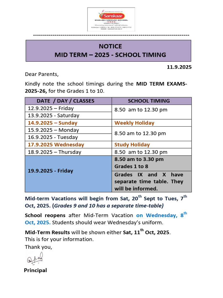 Mid Term Exam - School Timing 2025 | PDF