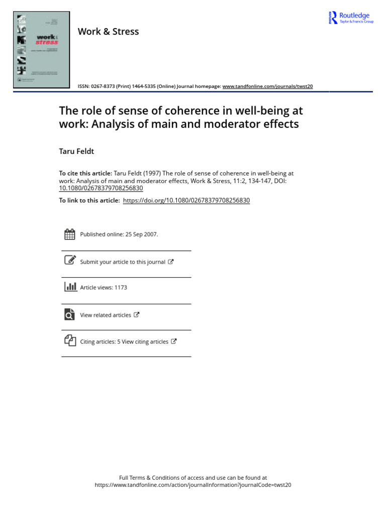 The Role of Sense of Coherence in Well-Being at Work Analysis of Main ...
