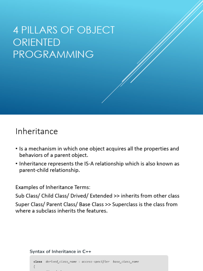 4 Pillars of Object Oriented Programming | PDF | Class (Computer Programming) | Inheritance ...