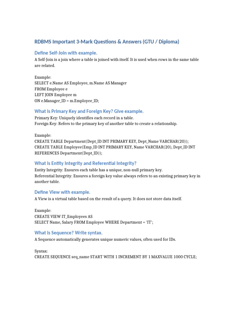 RDBMS Important Questions GTUDiploma | PDF | Pl/Sql | Relational Database
