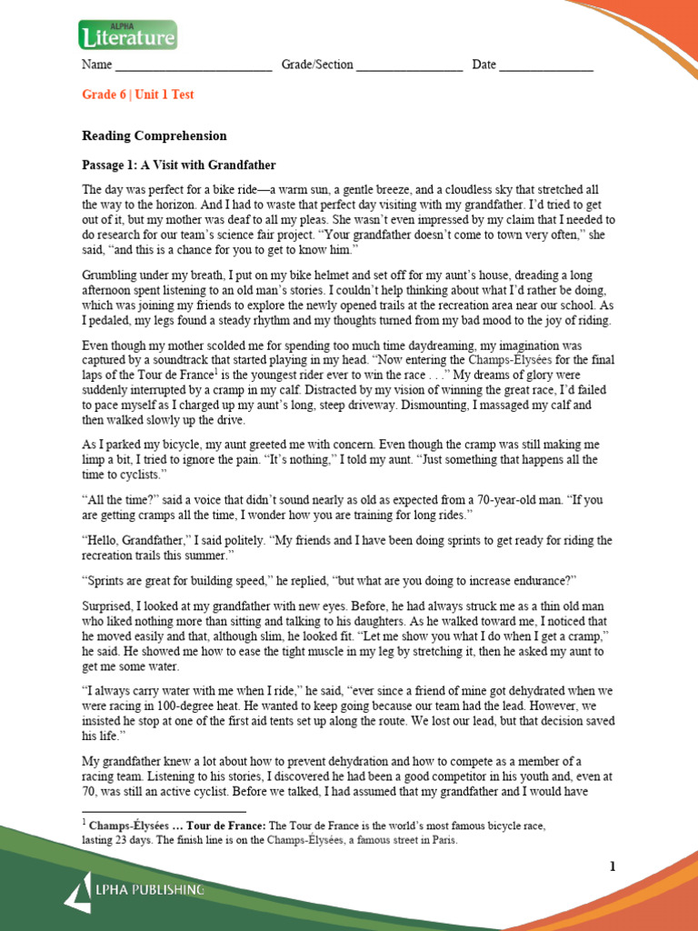 Grade 6 Comprehension Test: Unit 1 | PDF | Narration | Grammatical Number