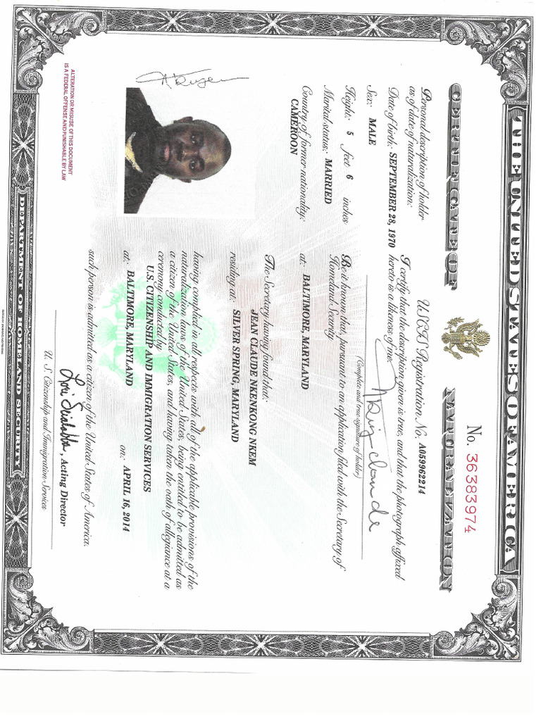 Jean Claude Certificate of Naturalization | PDF