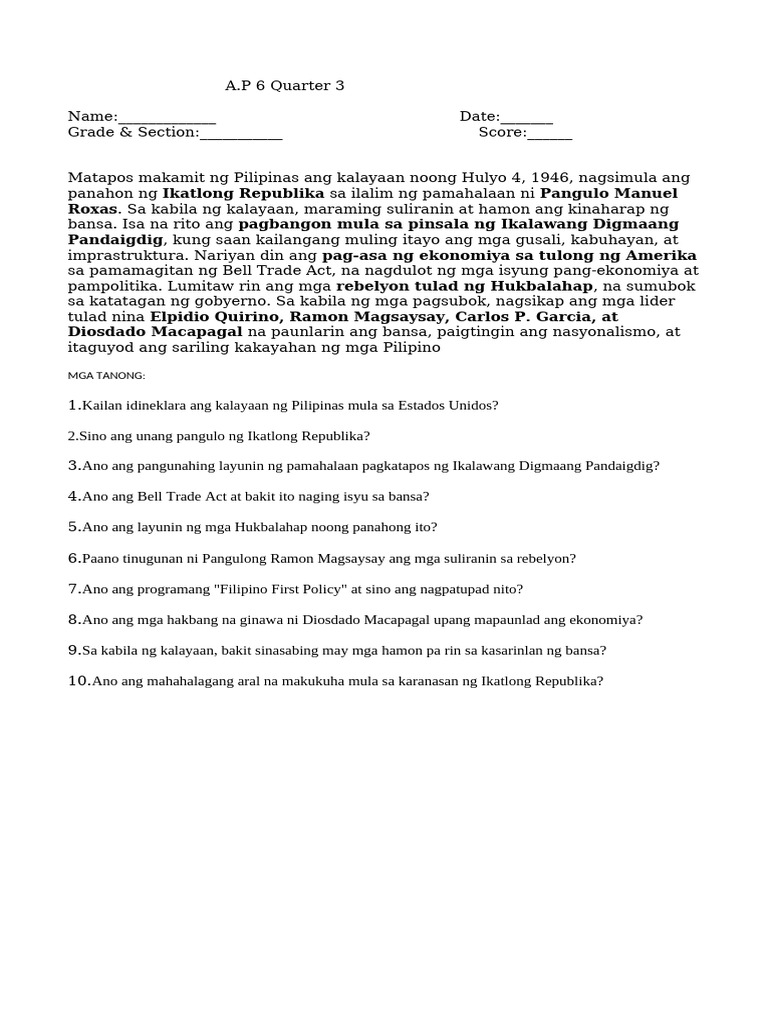 A.P 6 Quarter 3 Week 4 | PDF