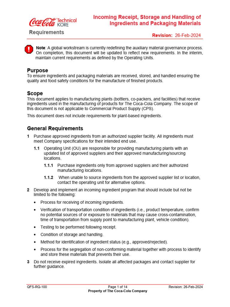 QFS-RQ-100 Incoming Receipt, Storage and Handling of Ingredients and ...