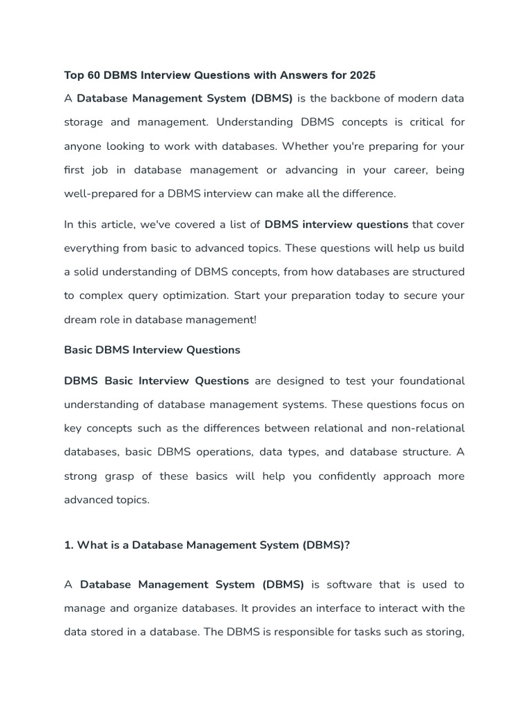 Top 60 DBMS Interview Questions 2025 | PDF | Databases | Relational ...