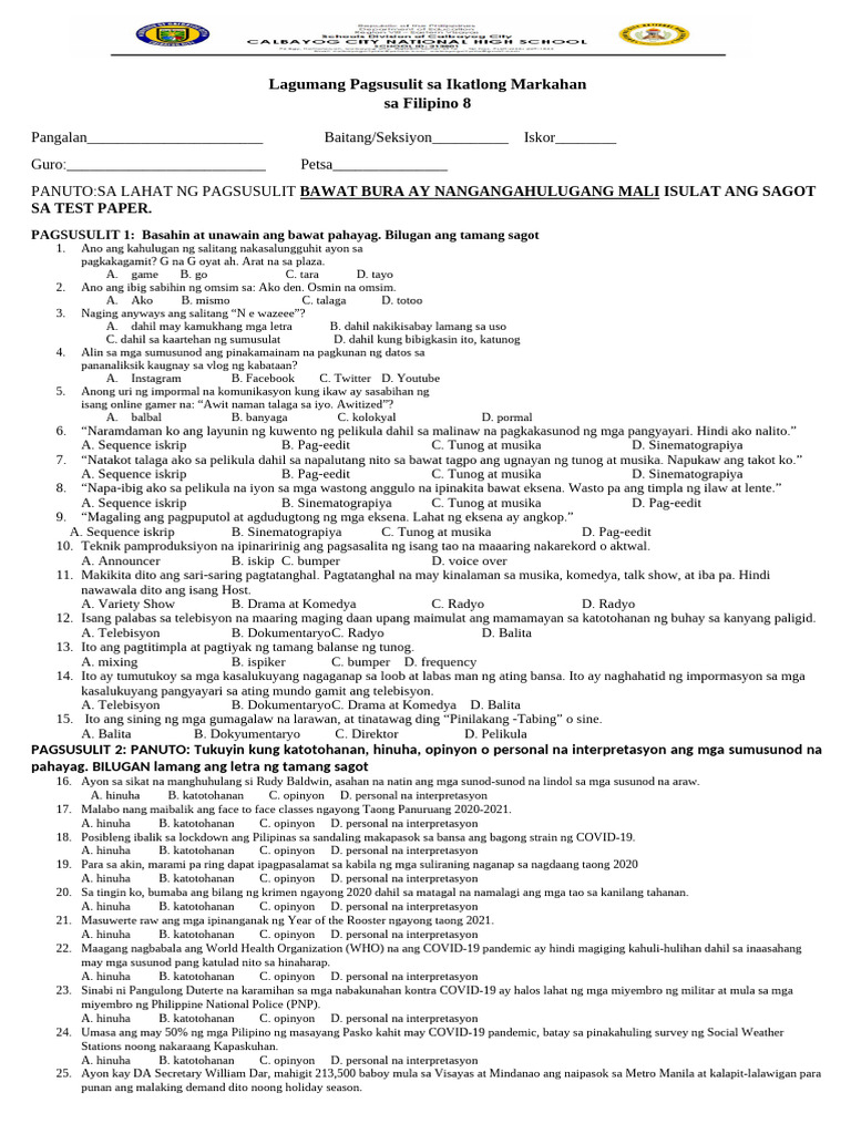Q3 ARALIN 1-4 Lagumang Pagsusulit | PDF